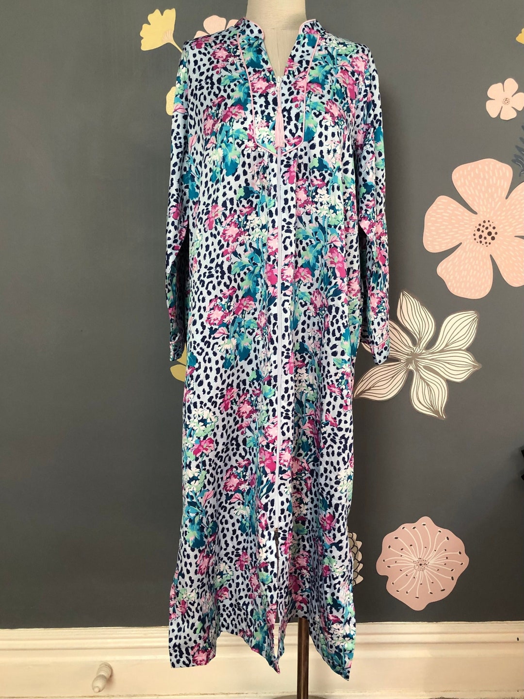 Miss Elaine Long Floral Robe, Vintage Zip Front Robe, L LARGE 40 Bust ...