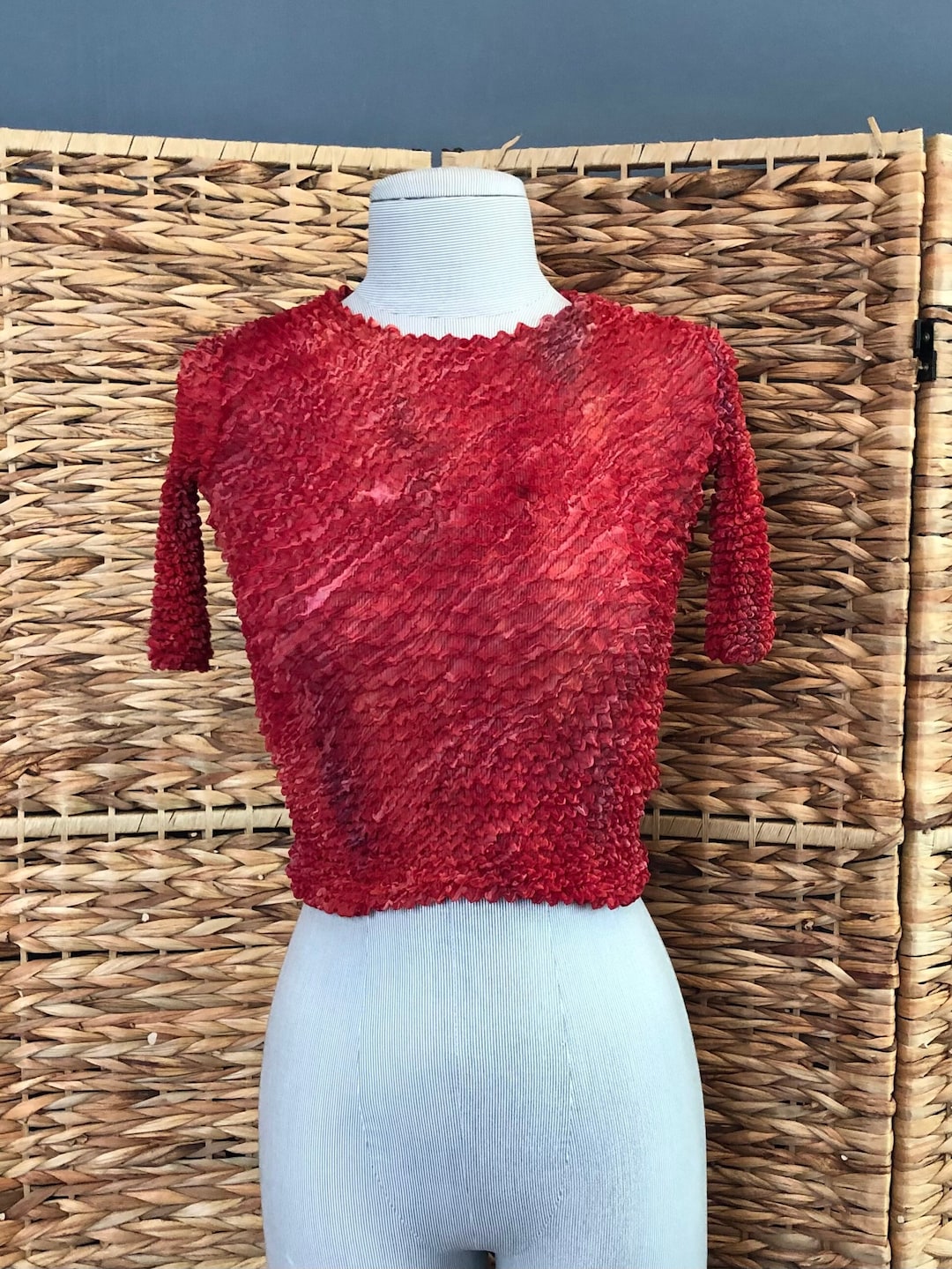 Vermilion Popcorn Top, 90s Y2K Red Orange Magic Bubble Shirt, Crinkle ...