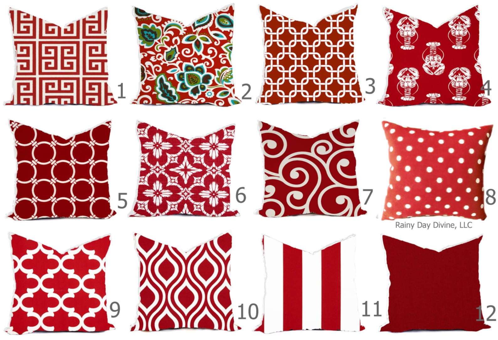 Outdoor Pillows or Indoor Custom Cover - Red Ruby Rojo White 16x16 ...