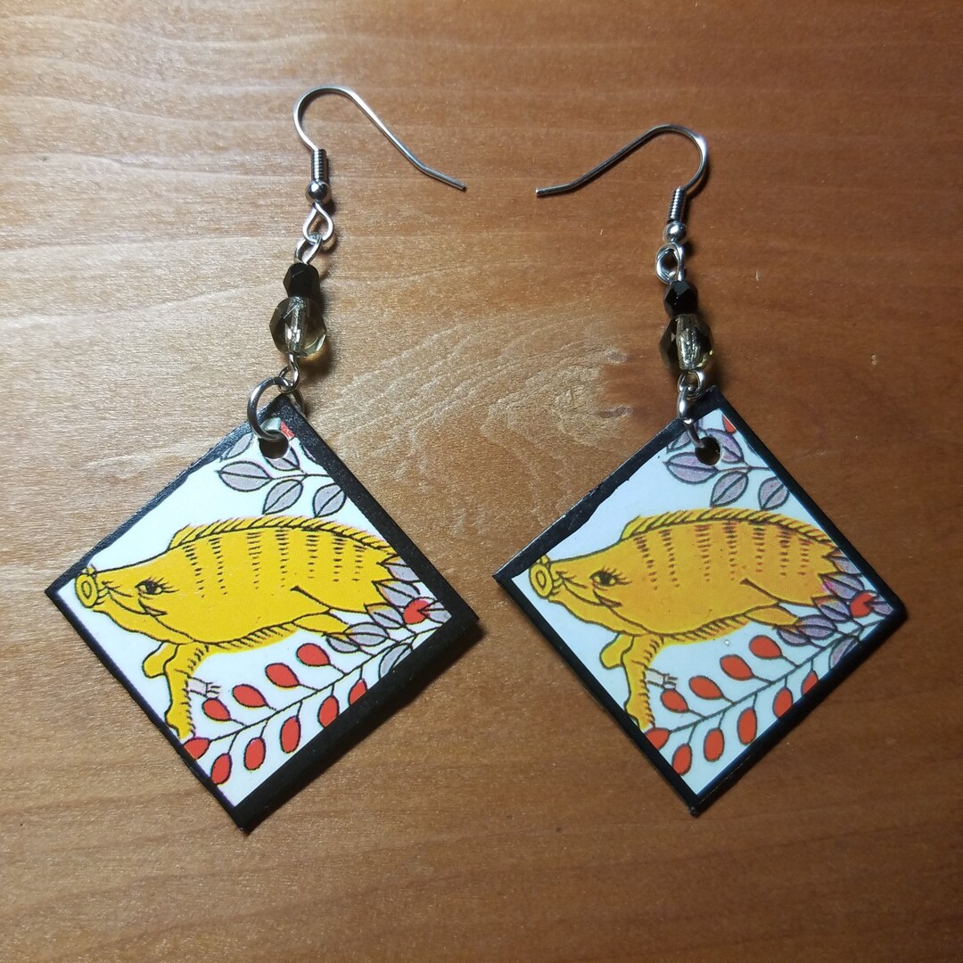 JAPANESE HANAFUDA Custom Earrings - CLOVER - July - Pig - Colorful ...