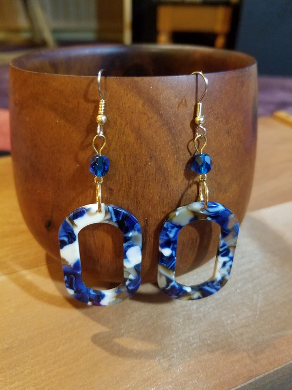 JAZZY Blue TORTOISE SHELL Acrylic Dangle with Blue Glass Bead | Etsy