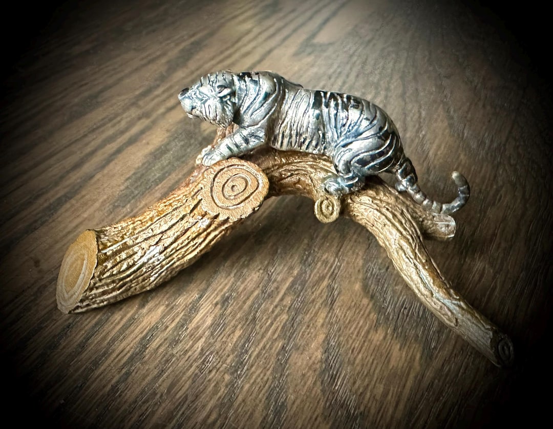 Silver Tiger With Stamps on a Bronze Tree Trunk With Stamp 800 Silver ...