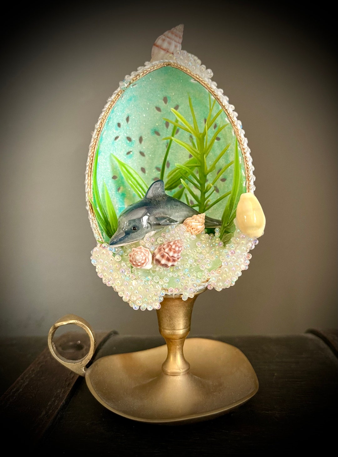 Diorama Egg on Brass Stand Dolphin Curios Brocante Vintage Shells Sea ...