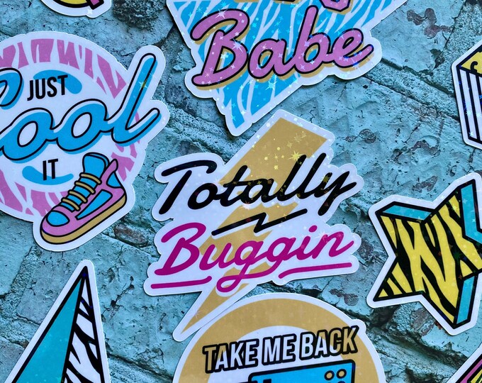 Pack of 9 Waterproof Vinyl Holographic Vintage 90s Themed Stickers ...