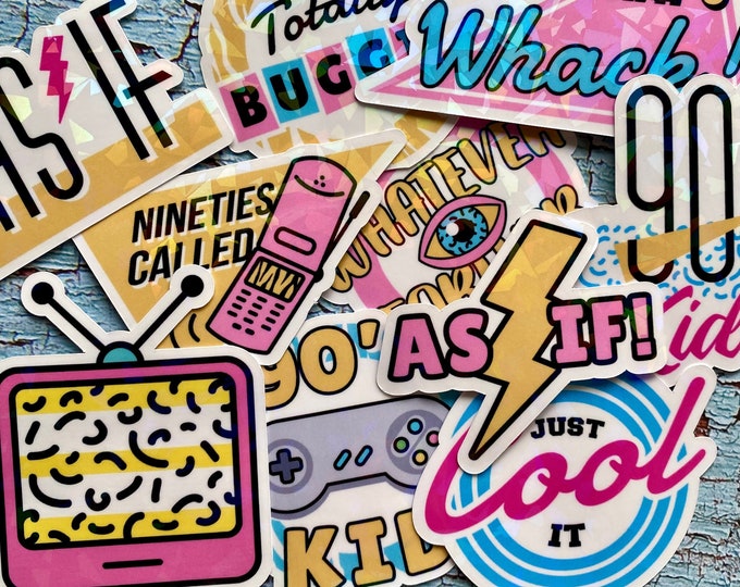 Pack of 10 Waterproof Vinyl Vintage 90s Themed Stickers, Holographic ...