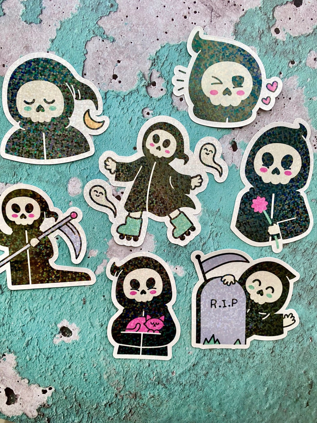 Pack of 7 Waterproof Vinyl Grim Reaper Stickers, Cute Halloween Fall ...