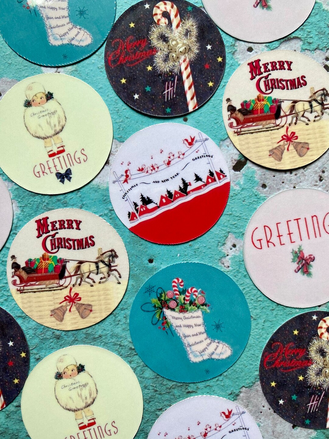 Pack of 18 Waterproof Vinyl Vintage Christmas Stickers, Retro Christmas ...