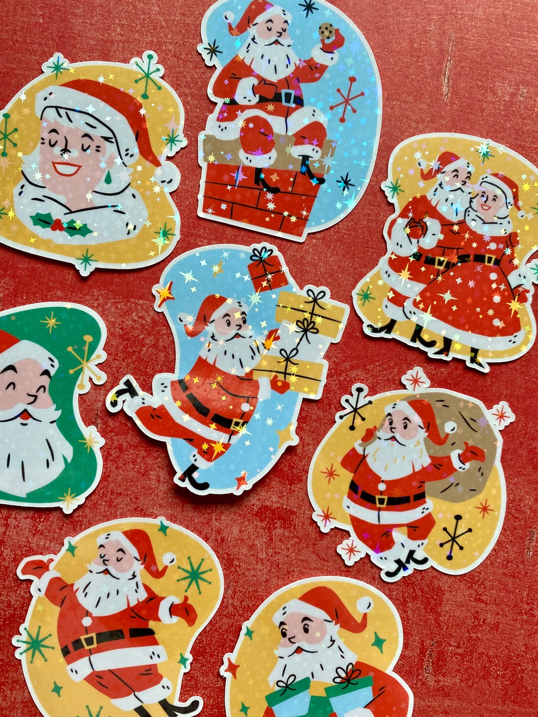 Pack of 8 Waterproof Vinyl Santa Stickers, Mid Century Modern Santa ...