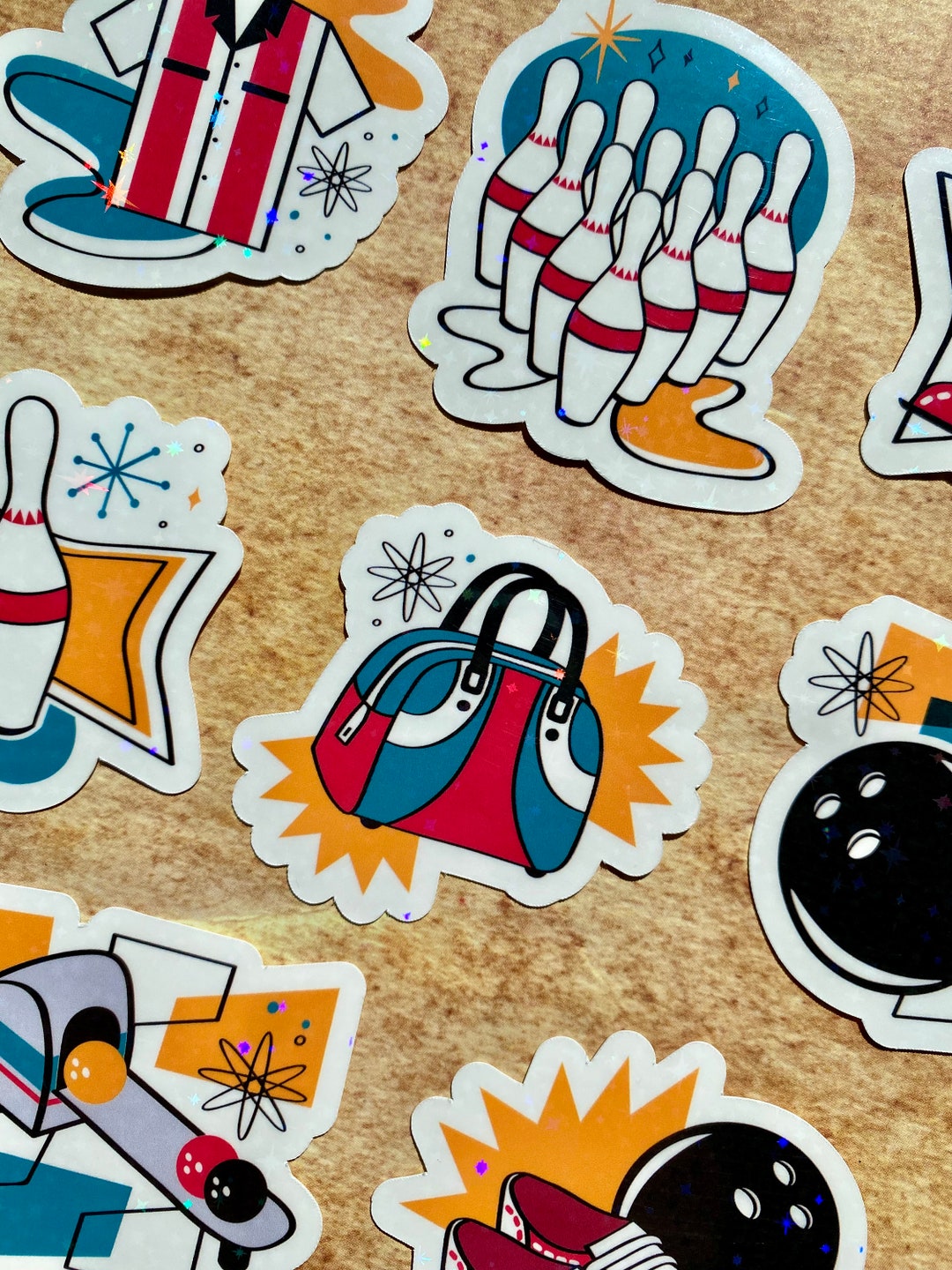 Pack of 8 Waterproof Vinyl Retro Bowling Stickers, Mid Century Modern ...