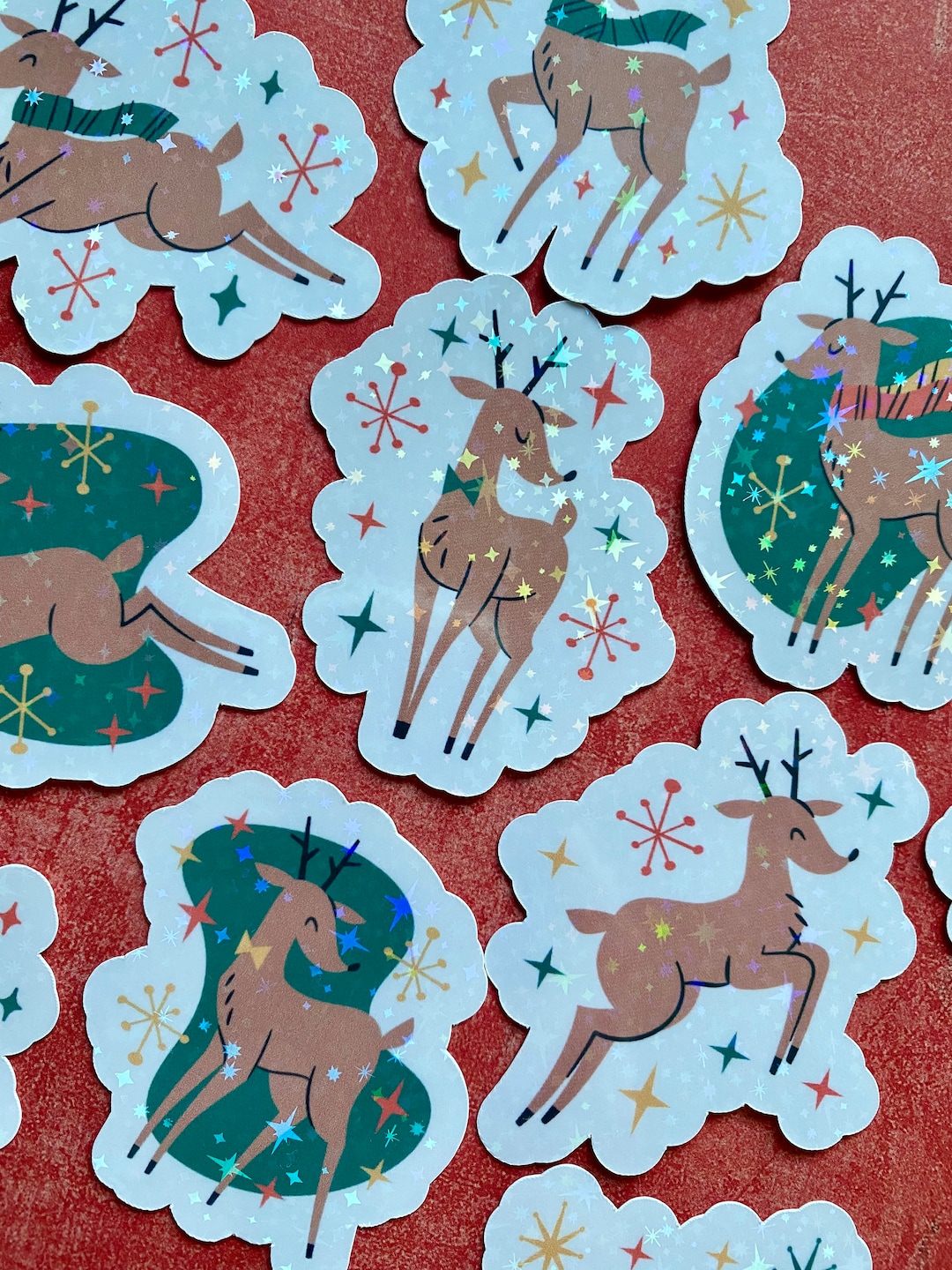 Pack of 10 Waterproof Vinyl Vintage Reindeer Stickers, Retro Christmas ...