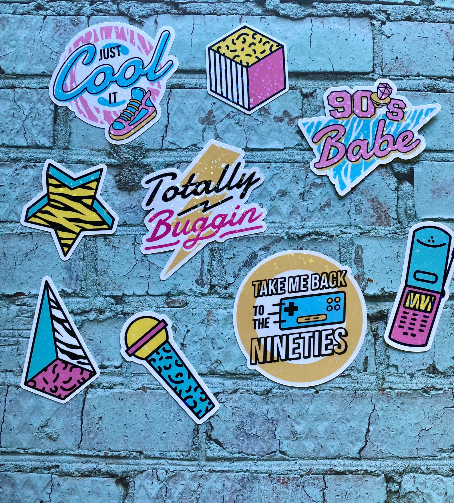 Pack of 9 Waterproof Vinyl Holographic 90s Themed Stickers - Etsy