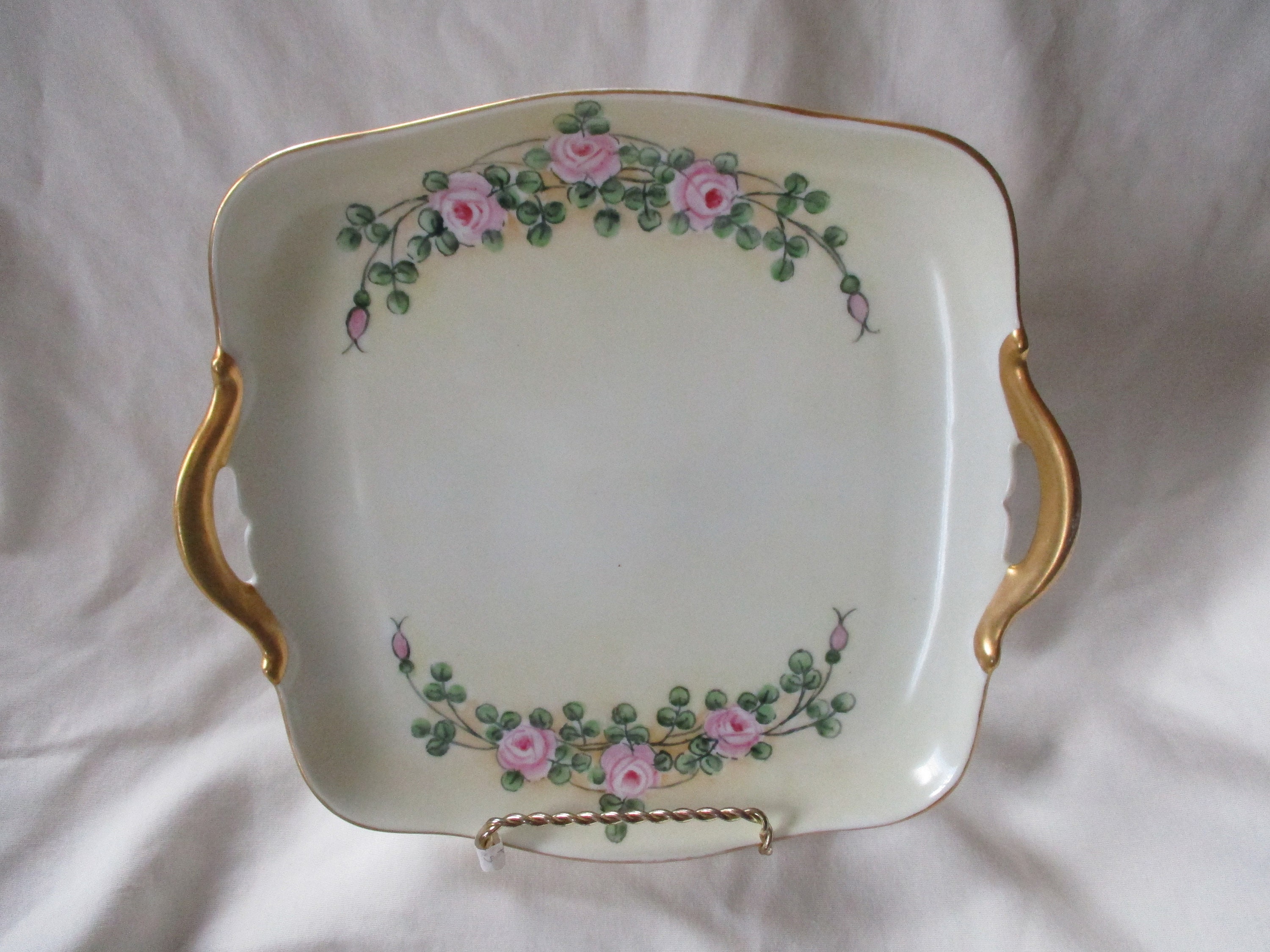 Dainty Serving Dish or Tray, Pale Yellow With Pink Cabbage Roses, Hand ...