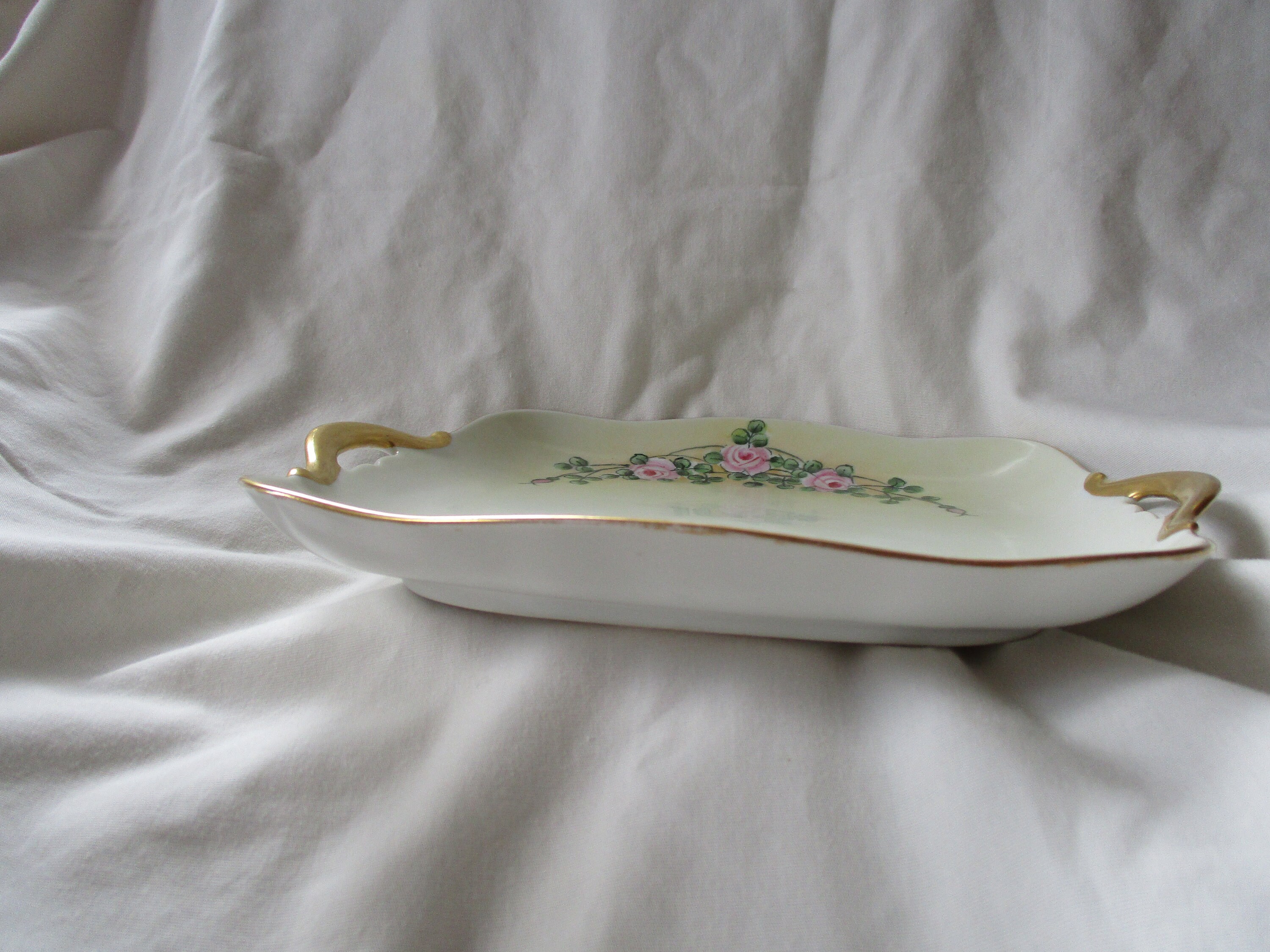 Dainty Serving Dish or Tray, Pale Yellow With Pink Cabbage Roses, Hand ...
