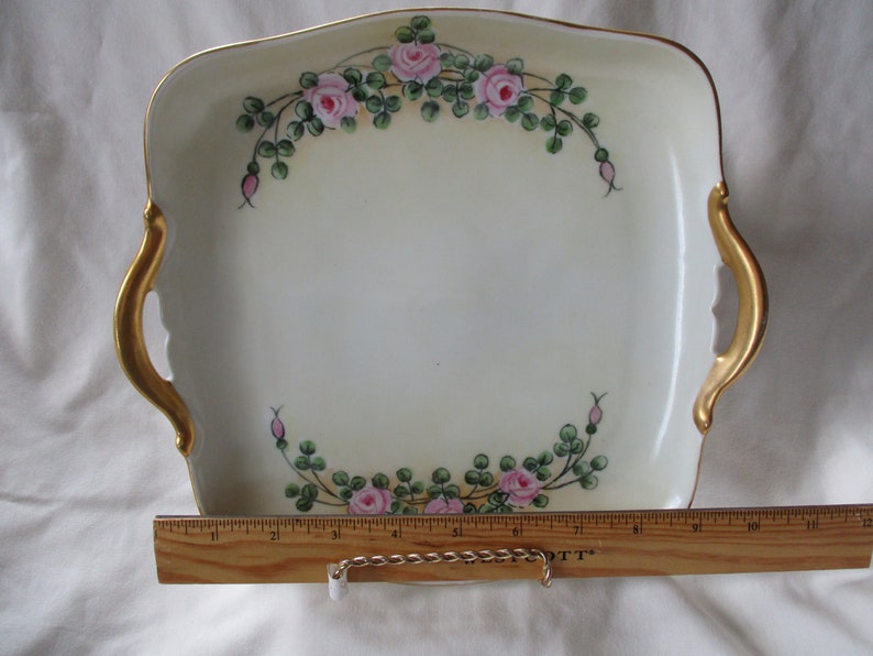 Dainty Serving Dish or Tray, Pale Yellow With Pink Cabbage Roses, Hand ...