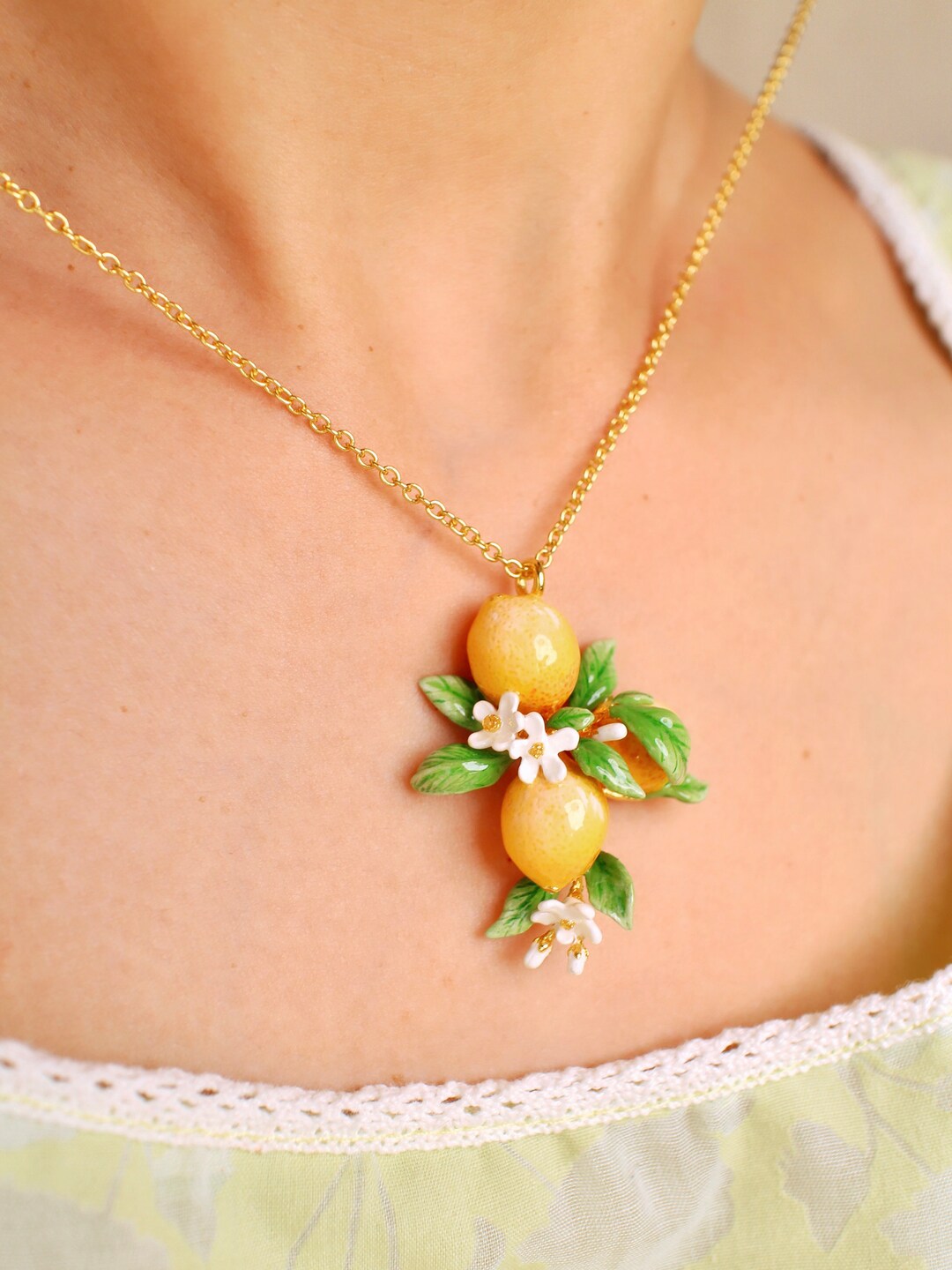 Lemon Pendant Necklace, Fruity Blossom, Goodafternine, Enamel Jewelry ...