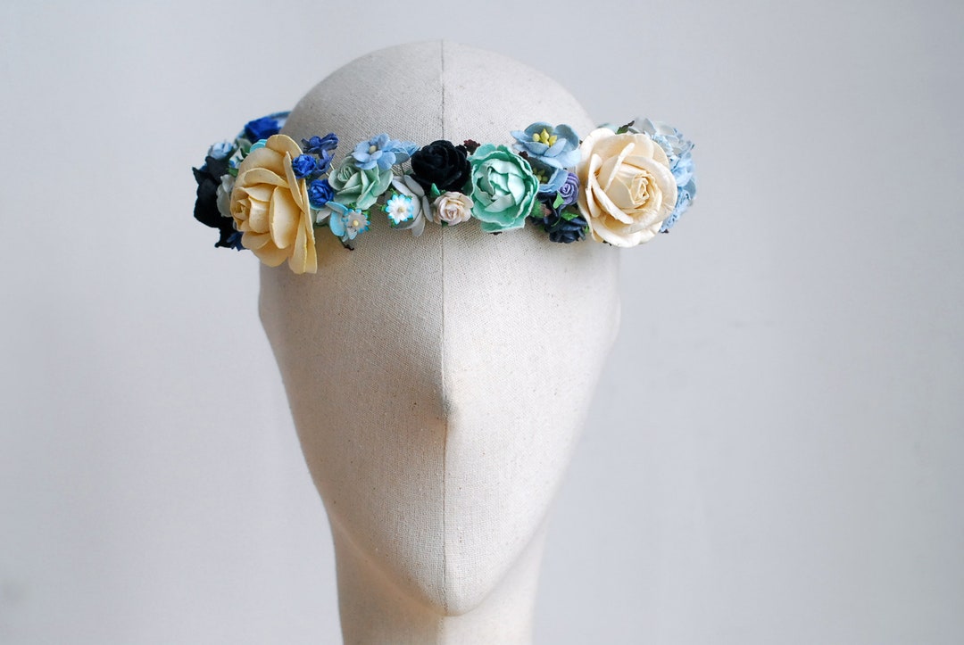 Handmade Paper Flower Crown: Blue, Ivory, & Mint Wedding Headband - Etsy