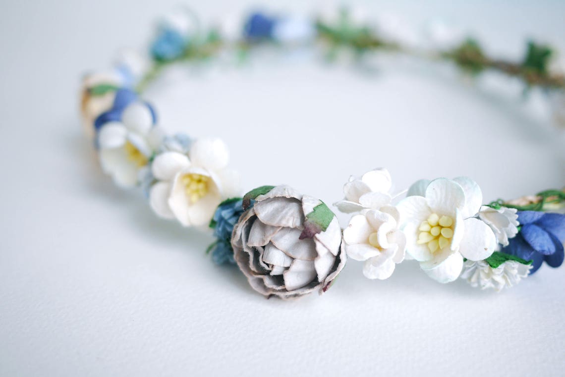 Handmade Paper Flower Crown: Blue, Ivory & White Bridal Tiaras - Etsy