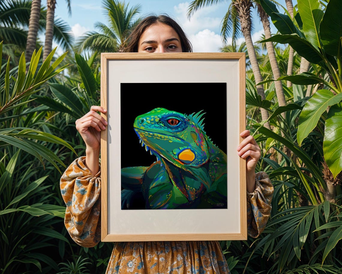 Multicolored Iguana Portrait – Digital Lizard Art Print for Home or ...