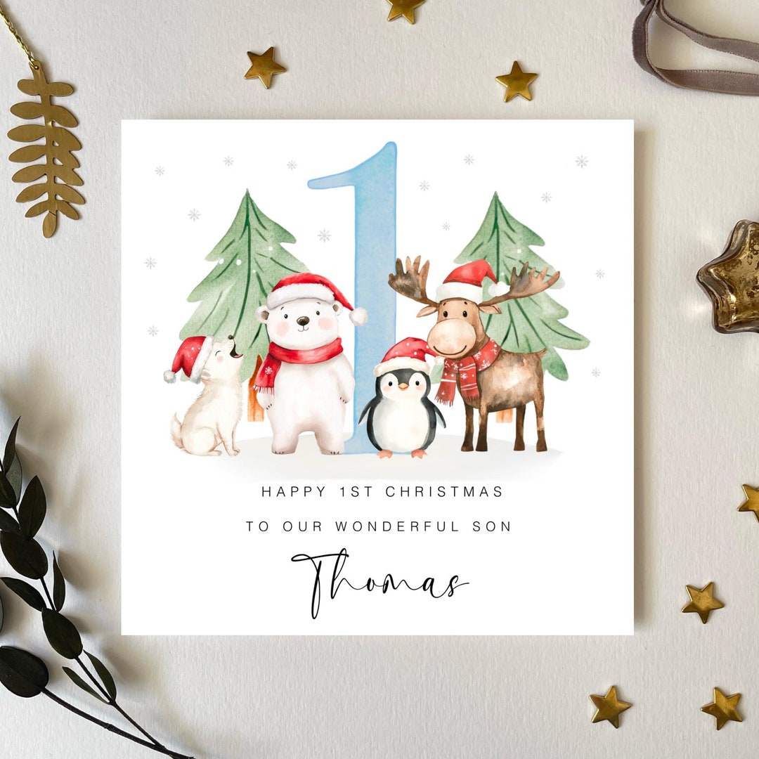 Personalised Babys 1st Christmas Card Cute Arctic Animals, First ...
