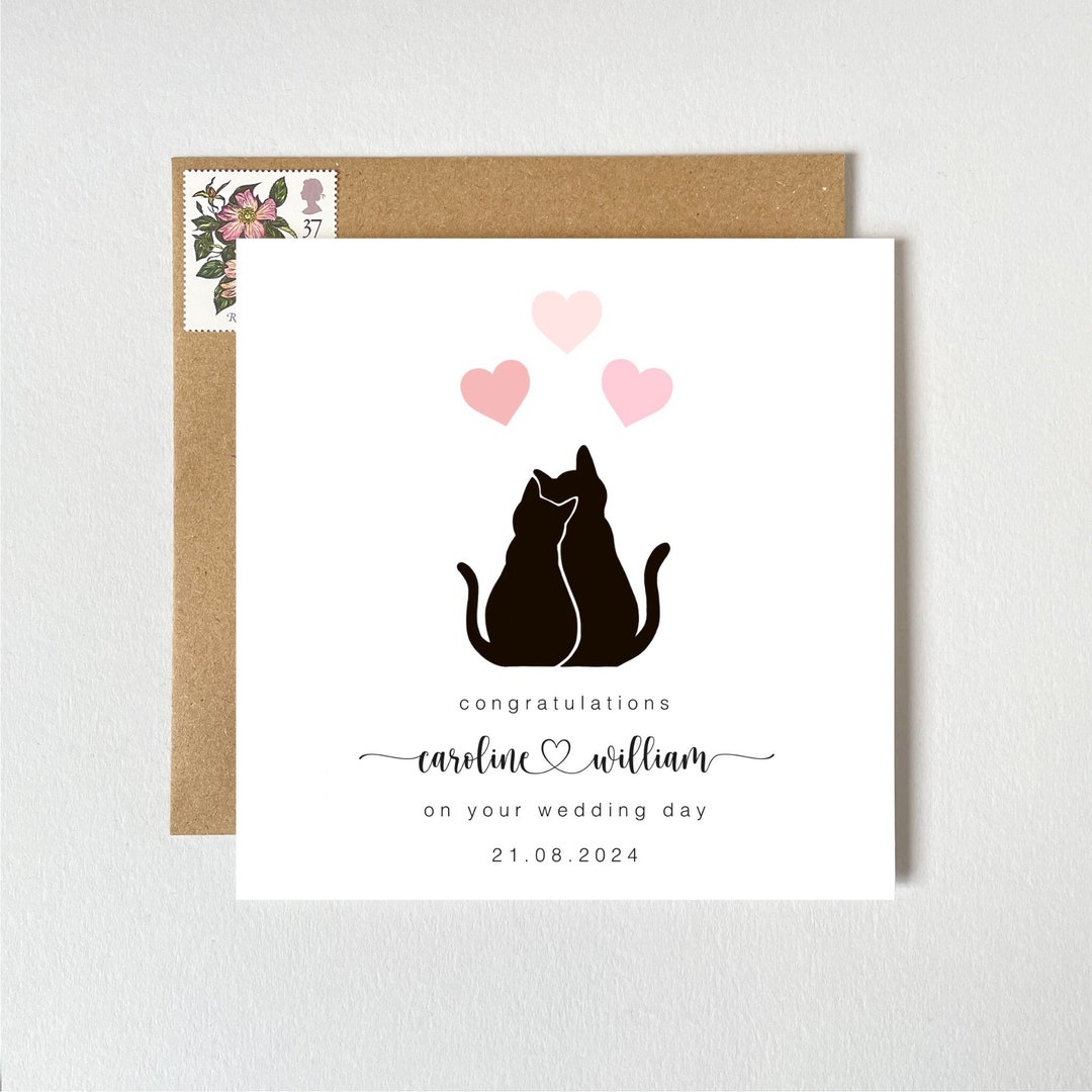 Personalised Wedding Day Cats Card Black Cats Cuddling Bride and Groom ...
