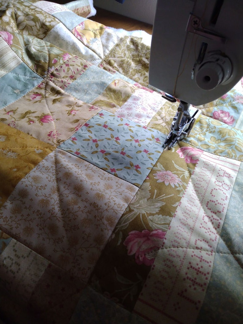 Vintage Like, Shabby Chic Handmade Quilt, Moda Fabrics in Gold, Cream, Aqua, Green, and Dusty ...