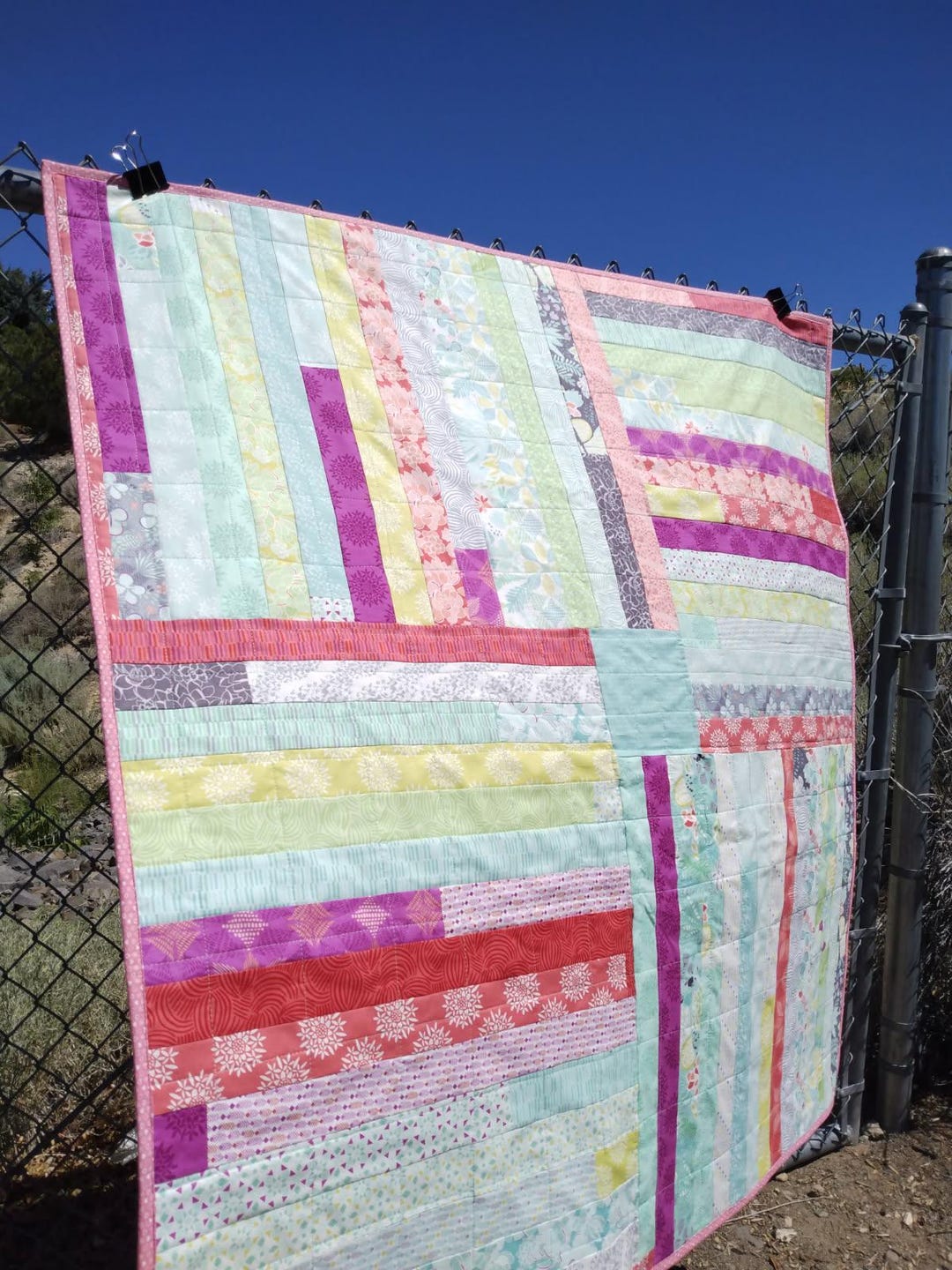 Handcrafted Jelly Roll Quilt, Cotton Moda Fabric by Kate Spain, 53