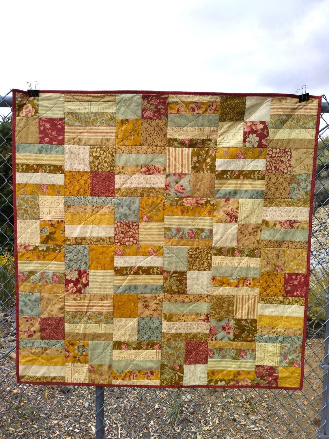 Vintage Like, Shabby Chic Handmade Quilt, Moda Fabrics in Gold, Cream, Aqua, Green, and Dusty ...