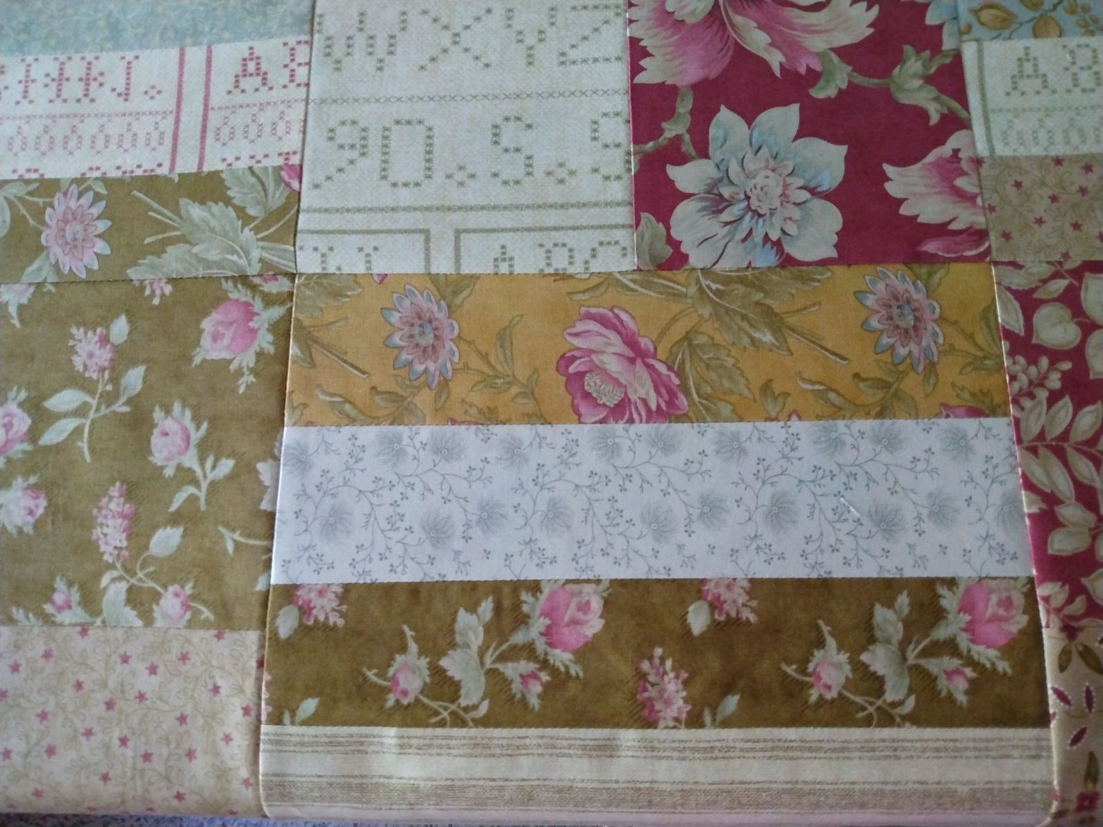 Vintage Like, Shabby Chic Handmade Quilt, Moda Fabrics in Gold, Cream ...