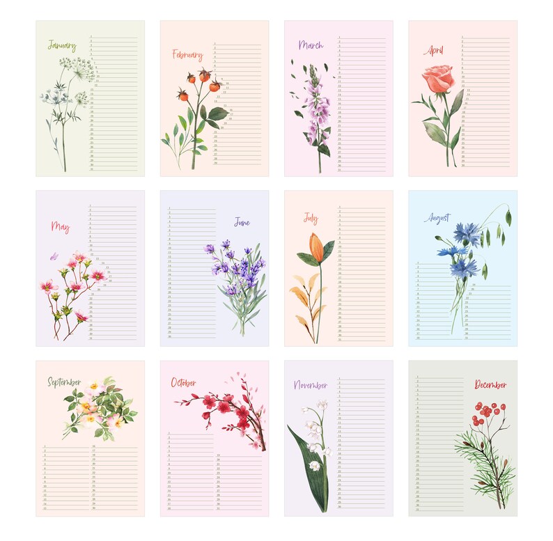 Botanical Art Calendar, Perpetual Calendar, Floral Illustration ...