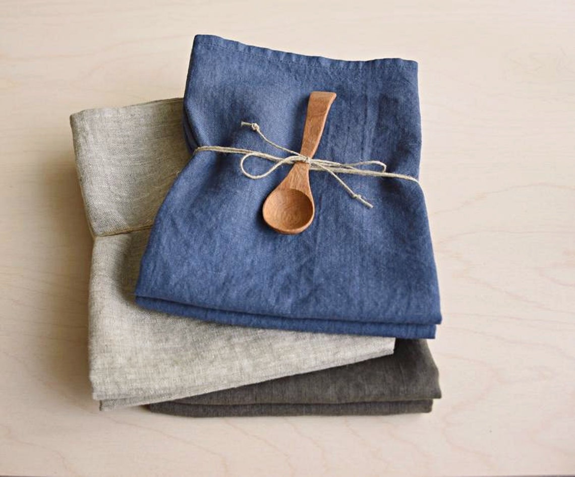 Blue Linen Tea Towels Gift Set of 2 Natural Linen Kitchen | Etsy