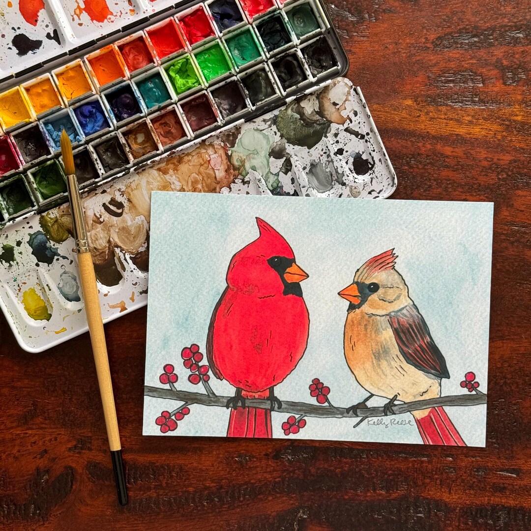 Male and Female Cardinals - Fine Art Print of Watercolor Painting | 5x7 ...
