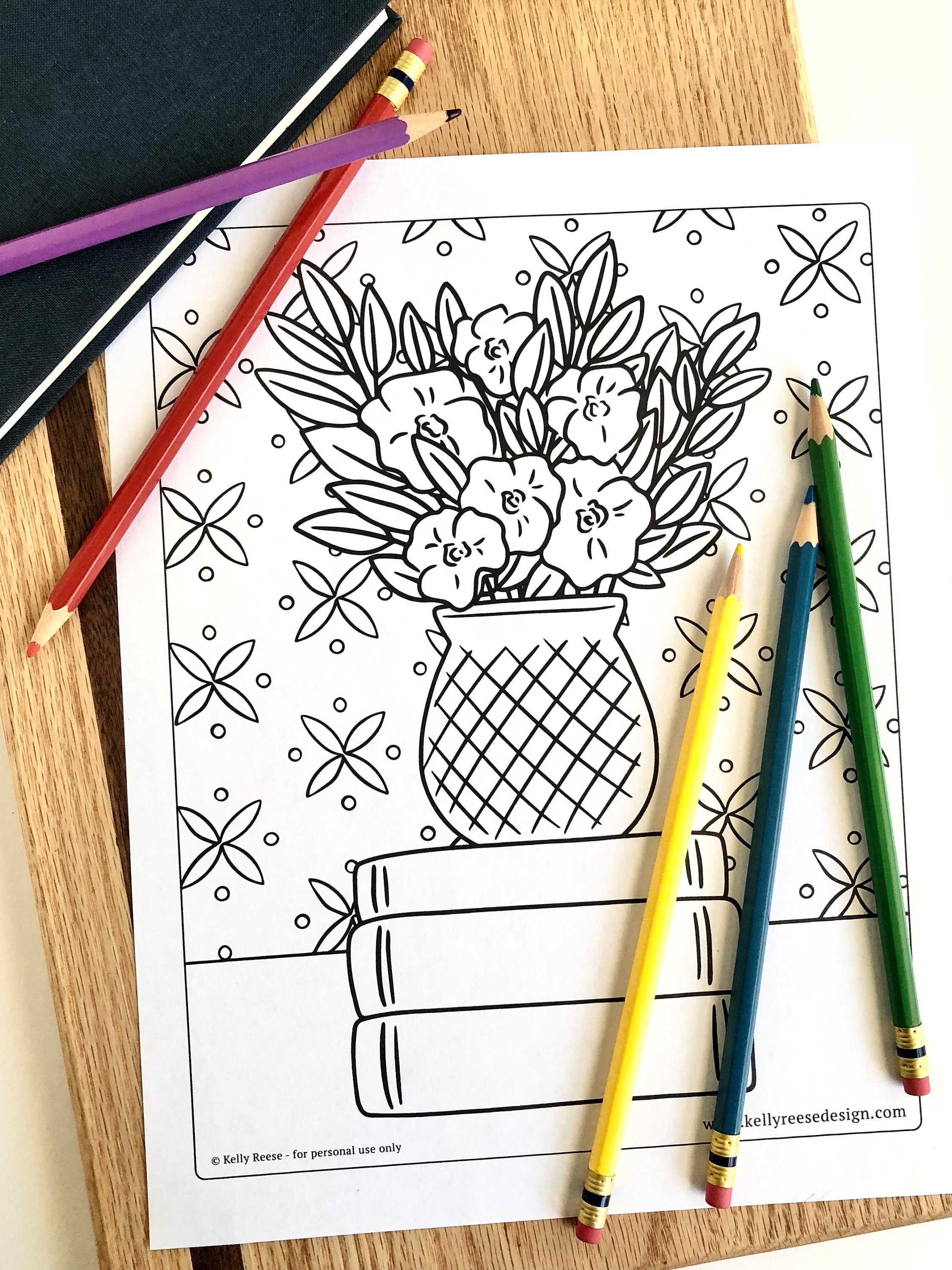 Books and Plants Printable Coloring Page Bundle - Etsy