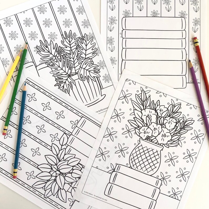 Books and Plants Printable Coloring Page Bundle - Etsy