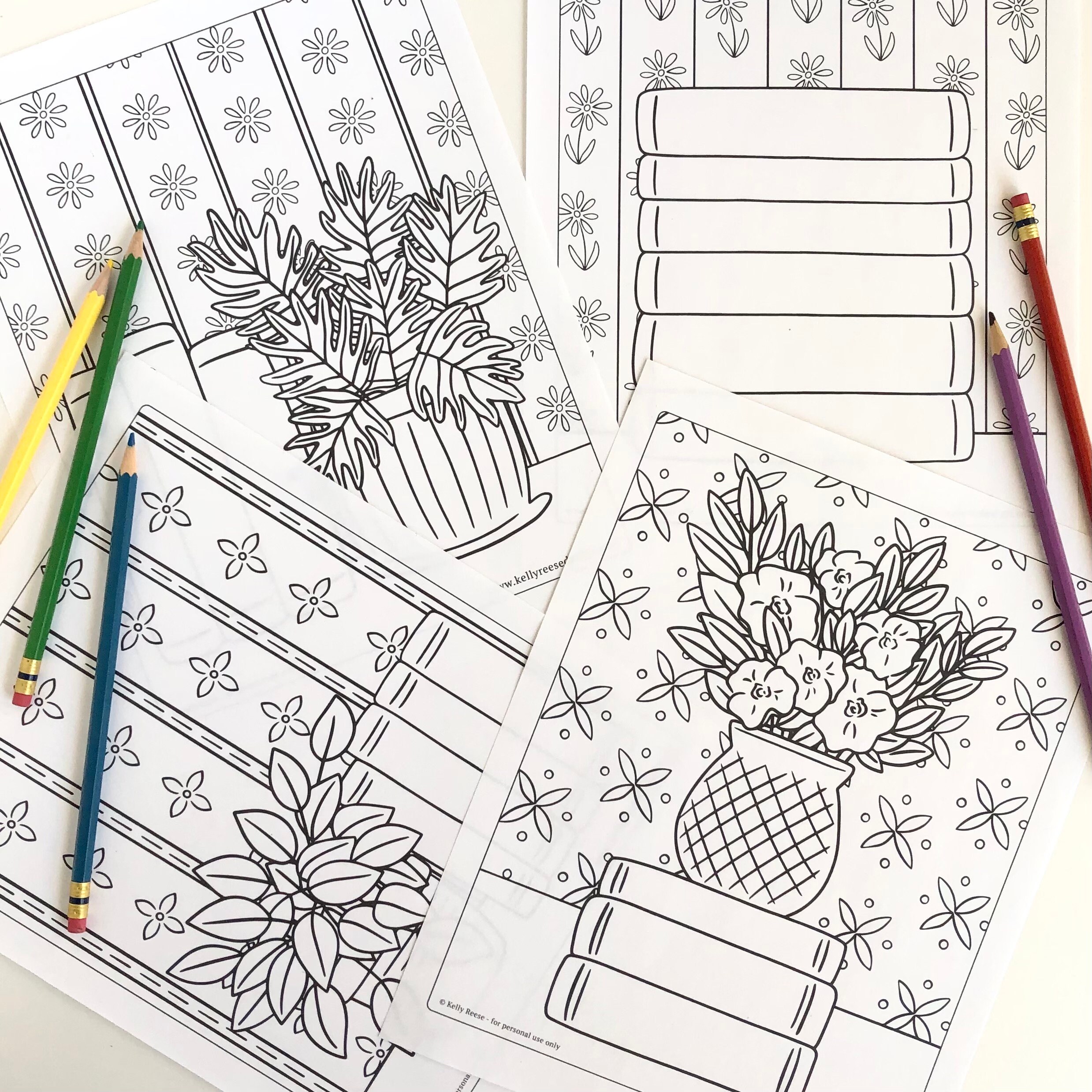 Books and Plants Printable Coloring Page Bundle - Etsy