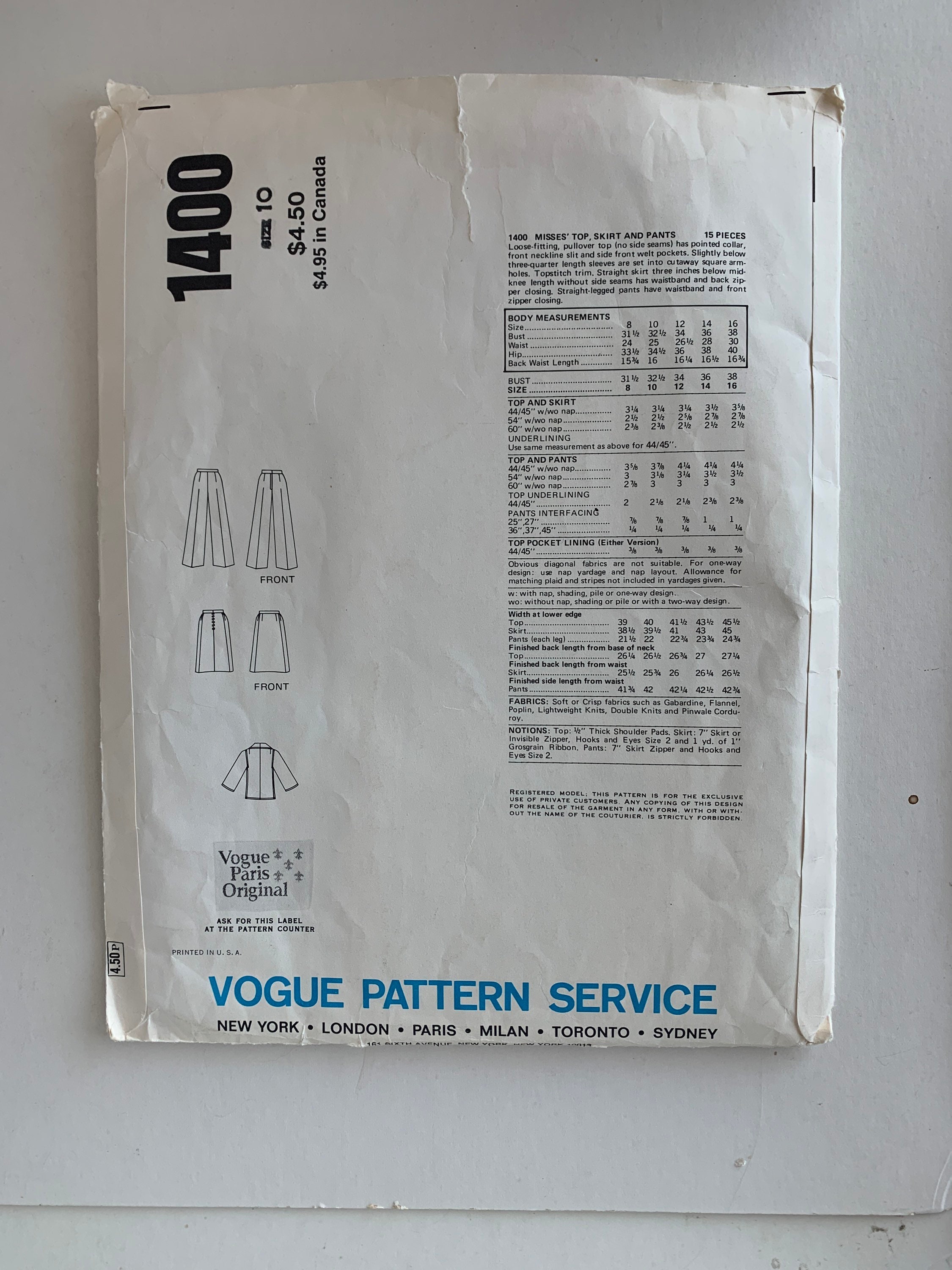 Vogue Paris Original Sewing Pattern Givenchy 1400 Women's Top Skirt ...