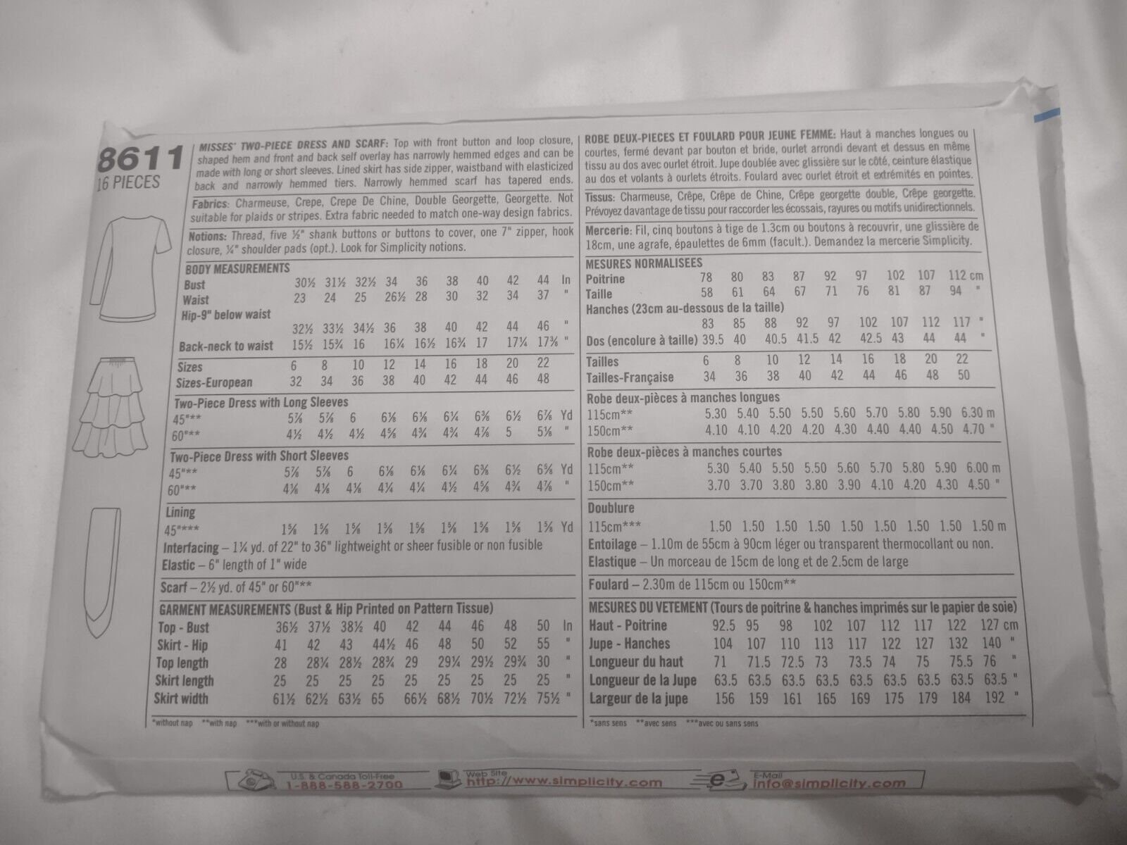 Simplicity 8611 Size 12 14 16 Sewing Pattern UNCUT 2 Pc Dress & Scarf ...