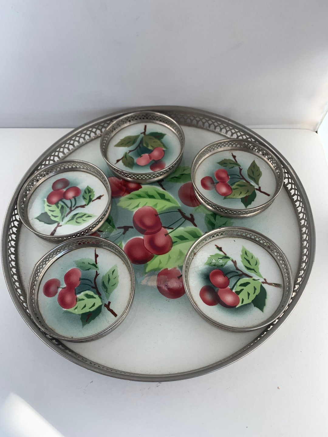 5 Antique German Coasters With Matching Tray, Cherry Cherries Design ...
