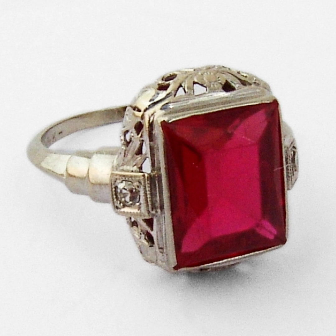 Synthetic Ruby Ring 14K White Gold Diamond Accents - Etsy