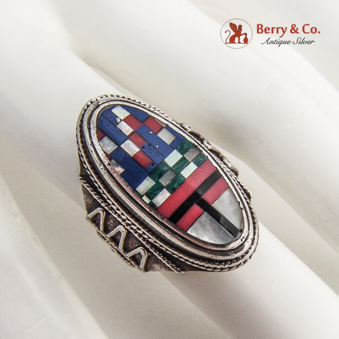 Multistone Inlay Mosaic Long Ring Applied Accents Sterling Silver - Etsy