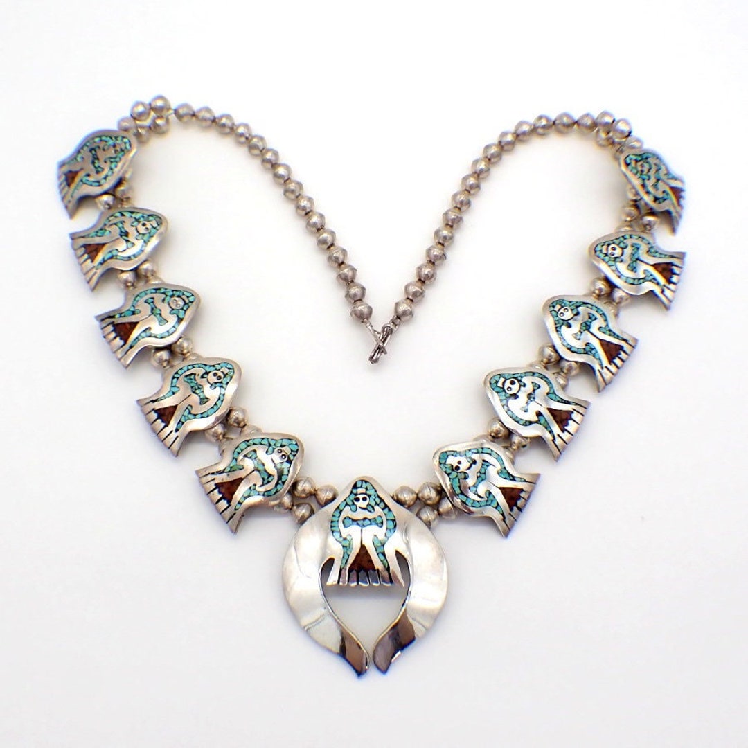 Cecil Ashley Navajo Bib Necklace Sterling Silver Turquoise Coral - Etsy