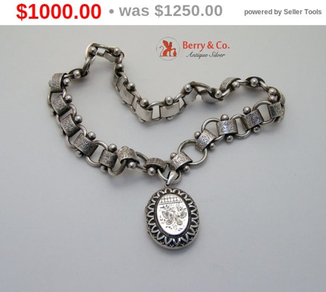 Antique English Victorian Silver Book Chain Necklace and Locket Pendant ...