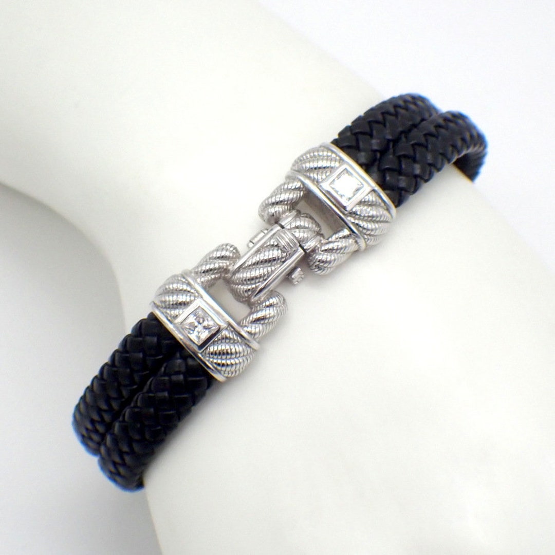 Judith Ripka Braided Leather Bracelet Sterling Silver CZ - Etsy