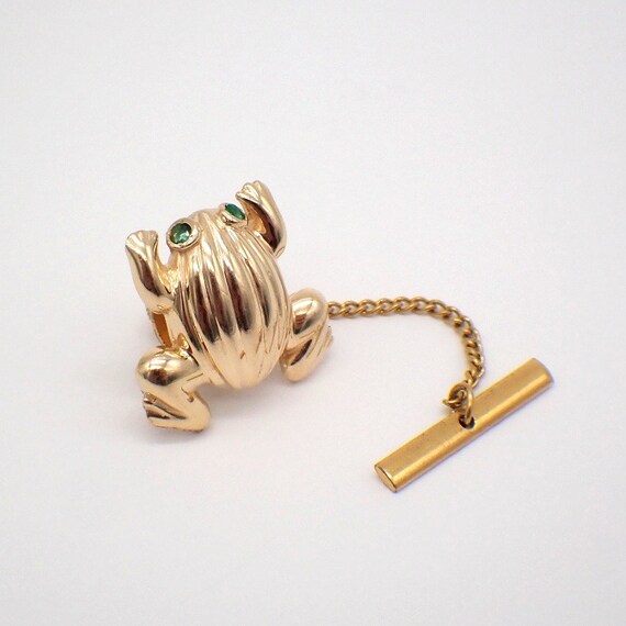 Frog Tie Tack 14K Gold Emerald Eyes - Gem