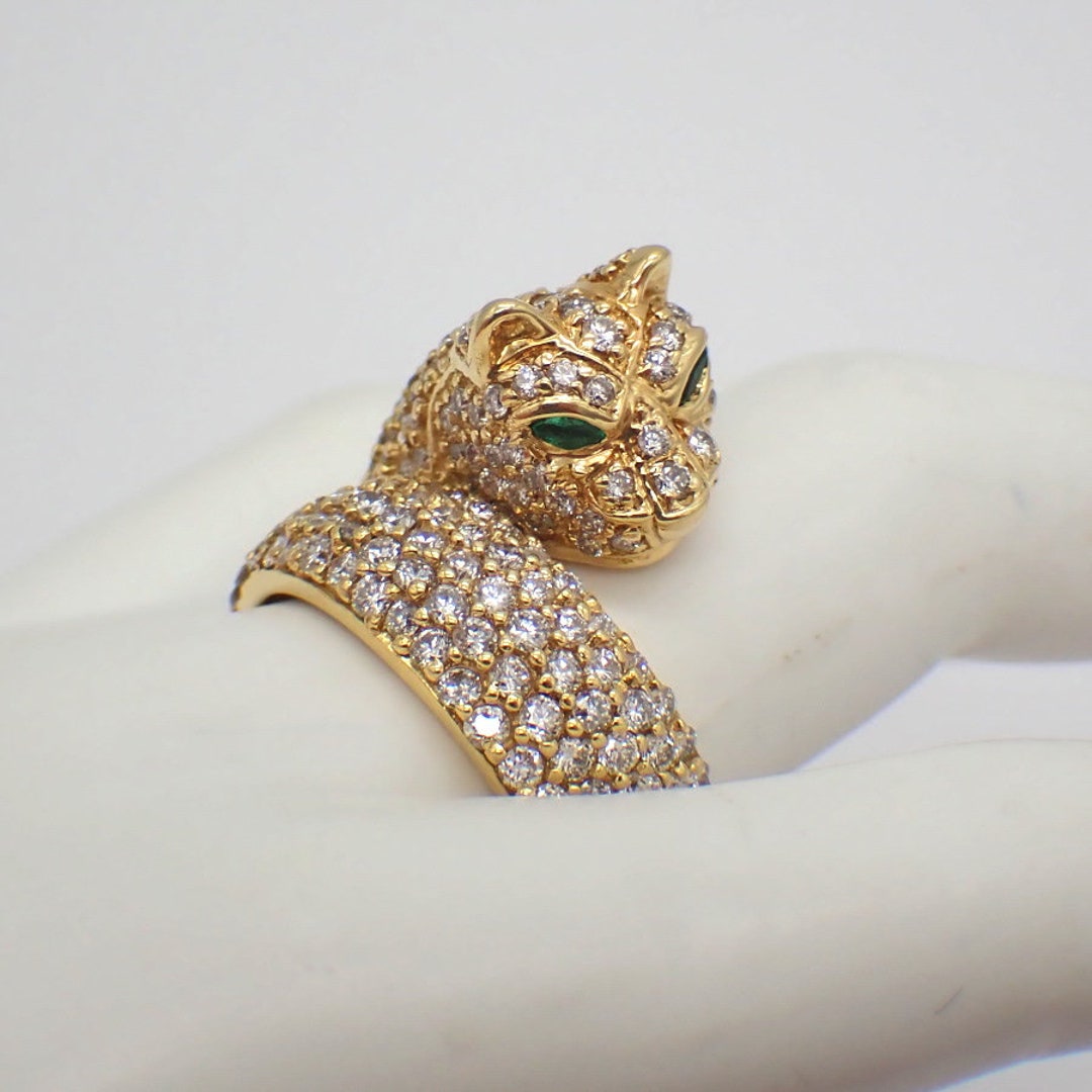 Sonia B Panther Cat Head Ring Diamonds 18K Gold Emerald Eyes - Etsy