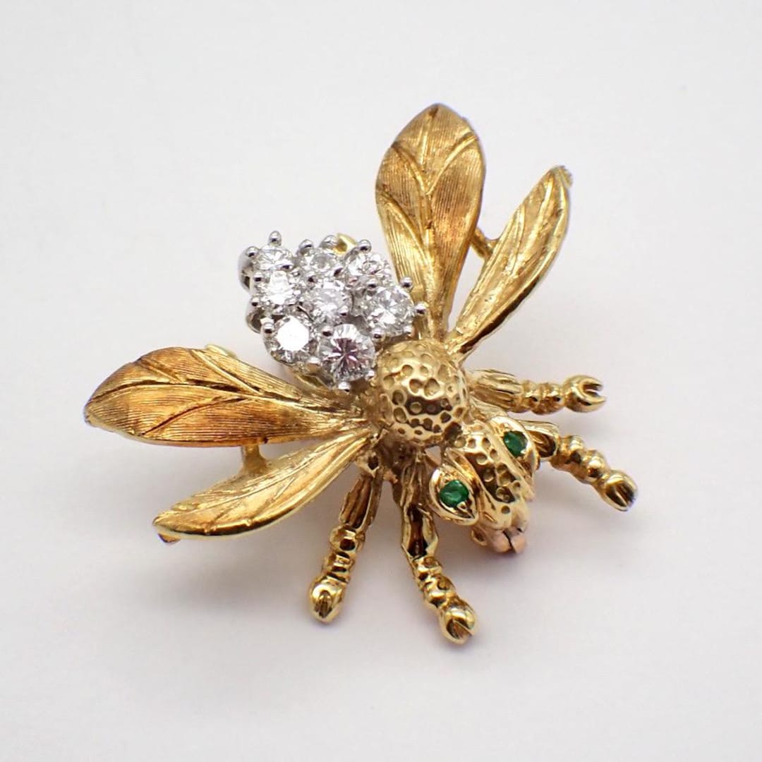 Jeweled Bee Brooch 18K Gold Diamonds - Etsy
