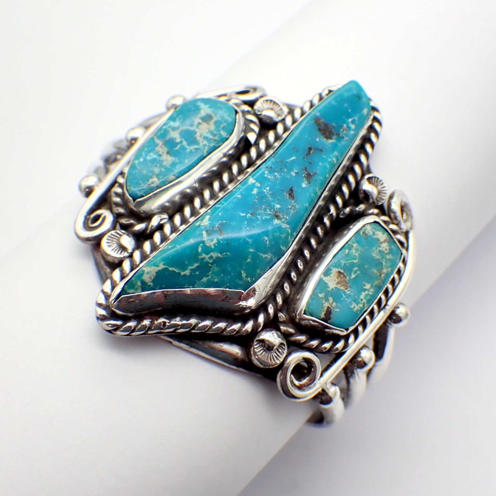 Navajo Turquoise Bracelet Mark Chee Hand Made Sterling Silver Mid ...