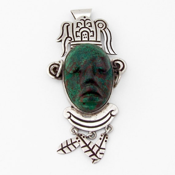 Aztec Chief Face Brooch Pendant Malachite Sterling Si… - Gem