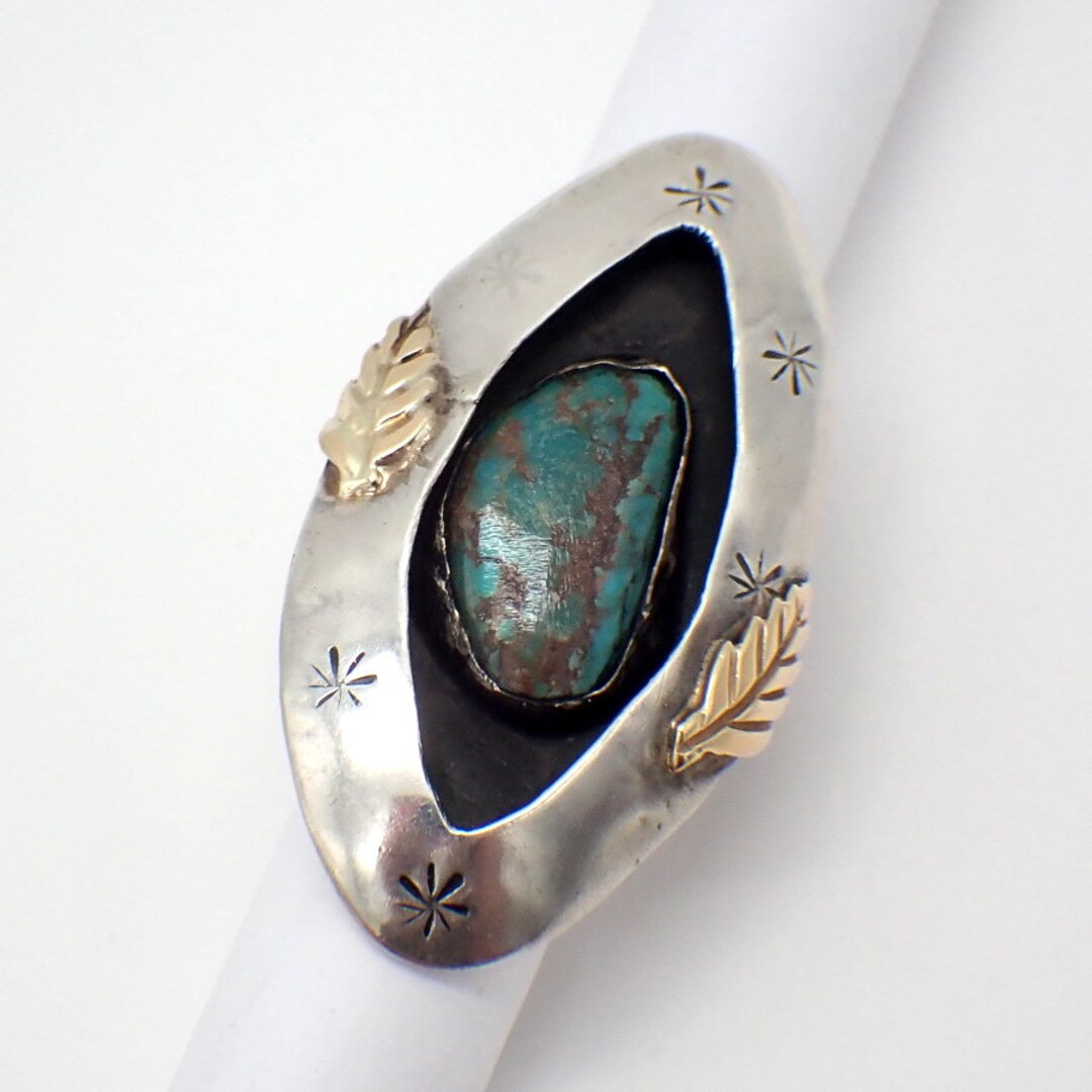 Shadow Box Turquoise Ring Sterling Silver 14K Gold Accents - Etsy