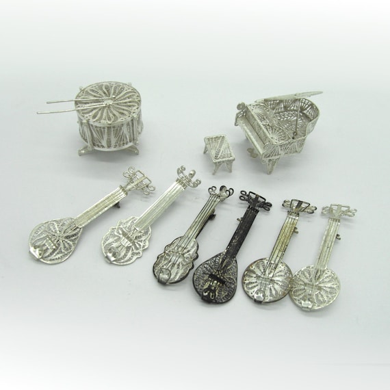 Filigree Musical Instrument Miniatures Brooches Sterl… - Gem