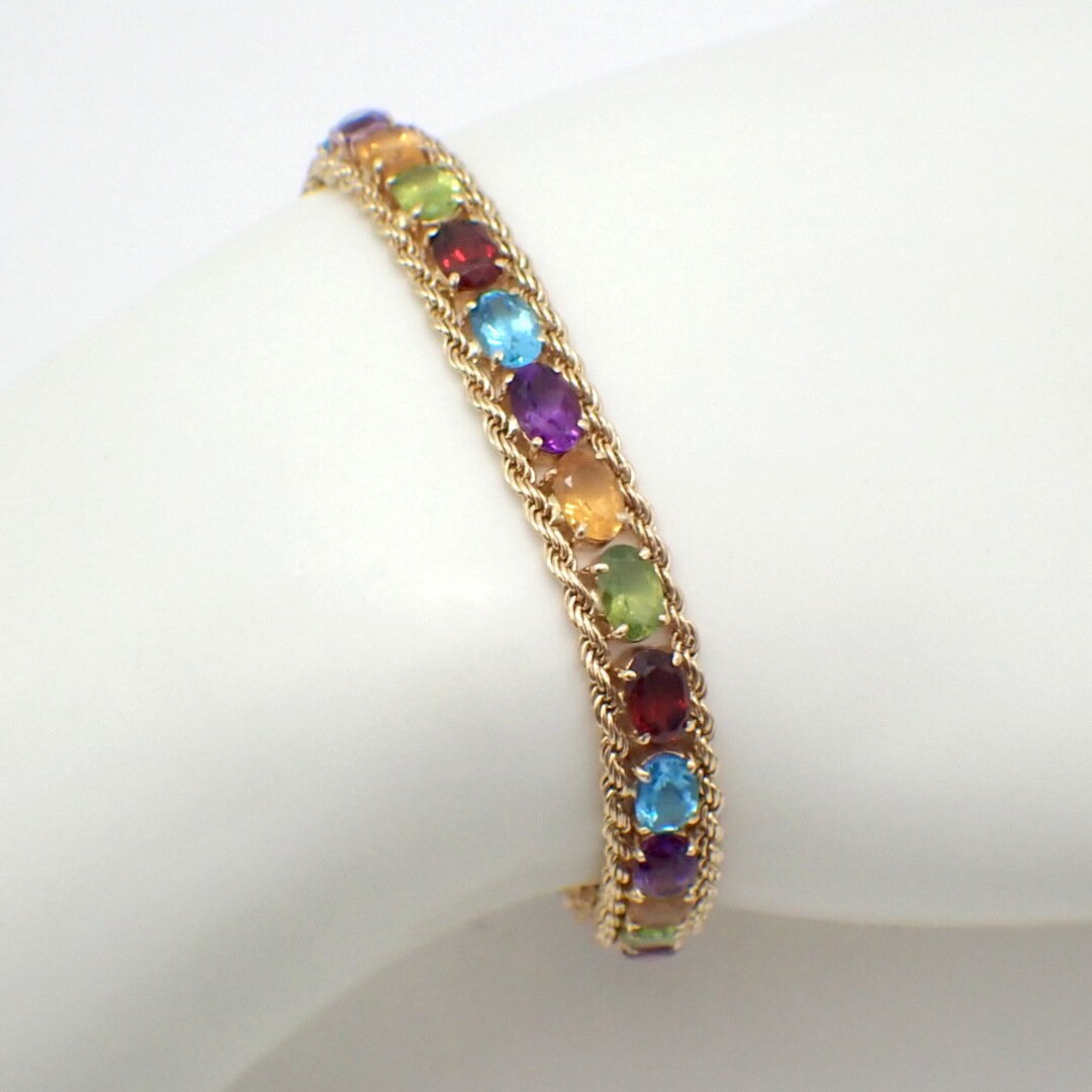 Multi Gemstone Line Bracelet 14K Gold - Etsy